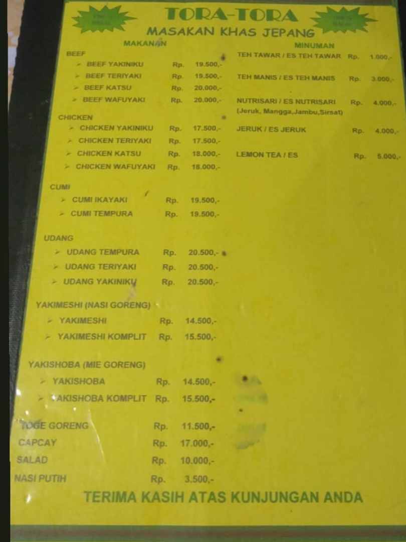Harga Menu di Tora Tora Jogja, Japanese Food Kaki Lima!